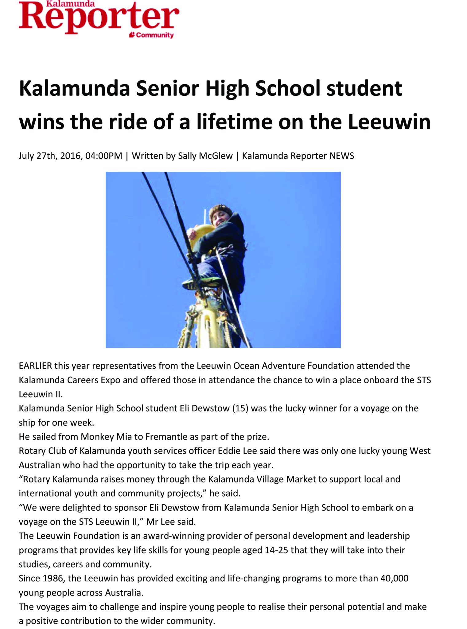 Kalamunda Senior High School Student Wins the Ride of a Lifetime on the ...